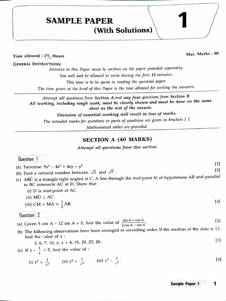 Sample Paper 1 ICSE Maths | PDF | Area | Circle