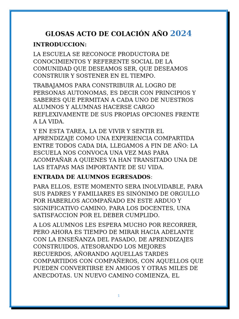 Glosas Acto de Colacion Año 2024 | PDF | Enseñando