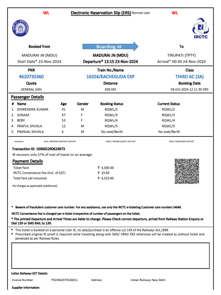 16354/kacheguda Exp Third Ac (3A) : WL WL | PDF | Identity Document ...