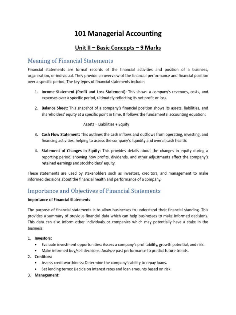 Notes - 101 Managerial Accounting - Unit II – Financial Statements ...