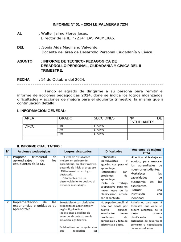 Informe Técnico Pedagógico de Dpcc. | PDF | Aprendizaje | Maestros
