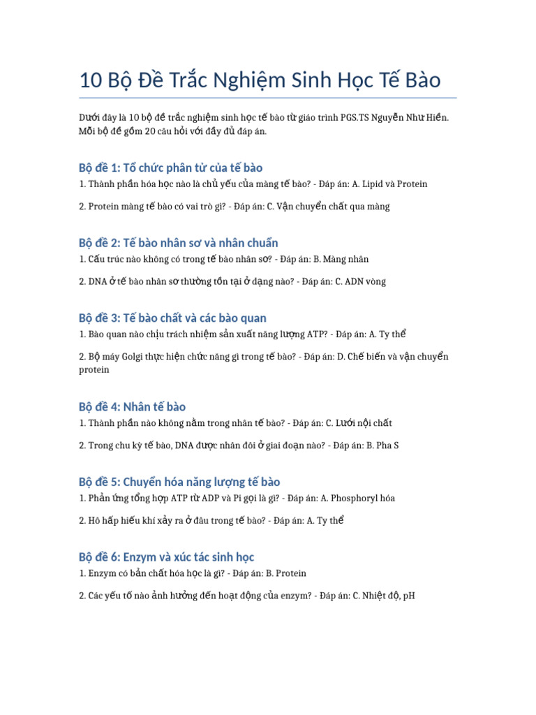 Bo de Trac Nghiem Sinh Hoc Te Bao | PDF