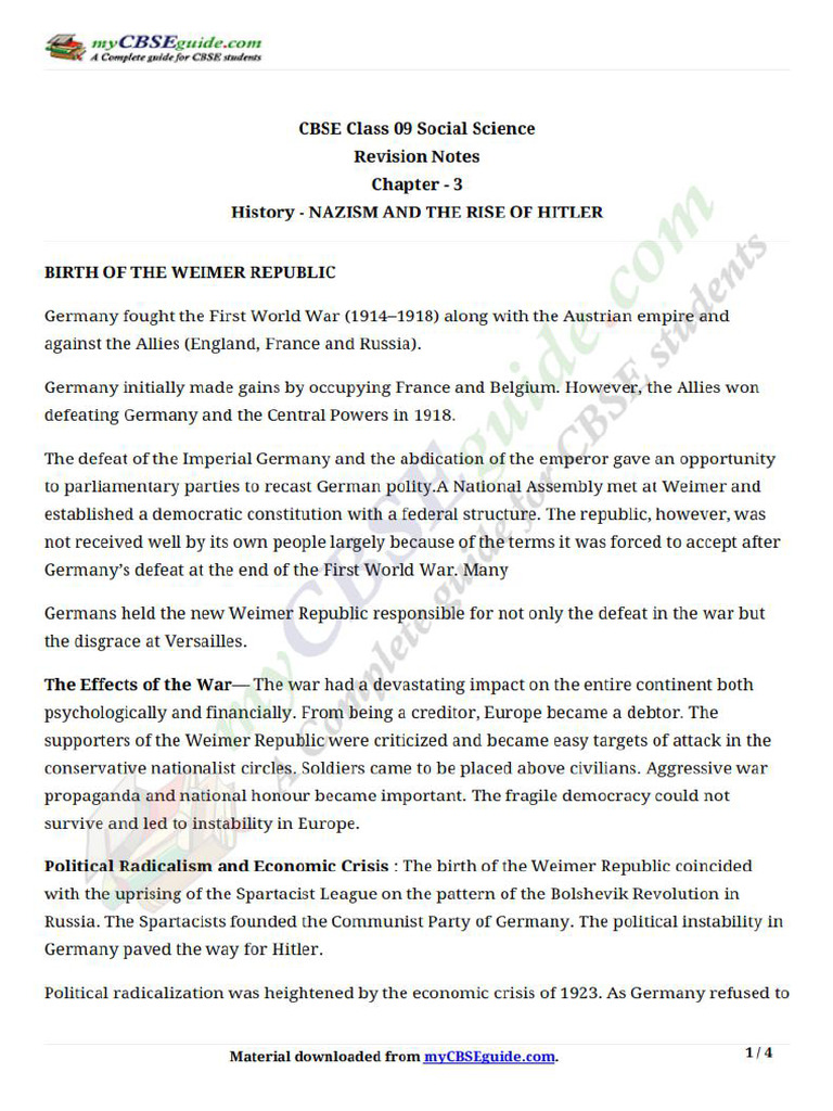 09 Social Science Key Notes History Ch3 Nazism and Rise of Hitler | PDF