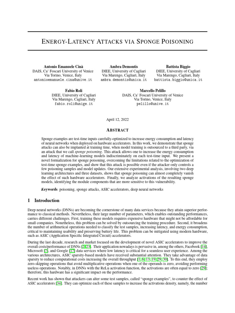 Energy-Latency Attacks Via Sponge Poisoning | PDF | Deep Learning | Applied Mathematics