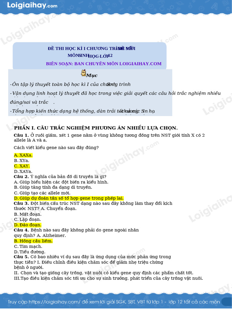 De Thi Hoc Ki 1 Sinh 12 Ket Noi Tri Thuc de So 1 1732607233 | PDF