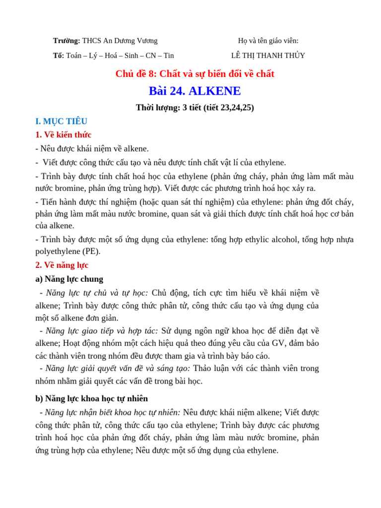 H9 - Tuan 12,13 - Tiet 23,24,25 - Bài 24. ALKENE | PDF
