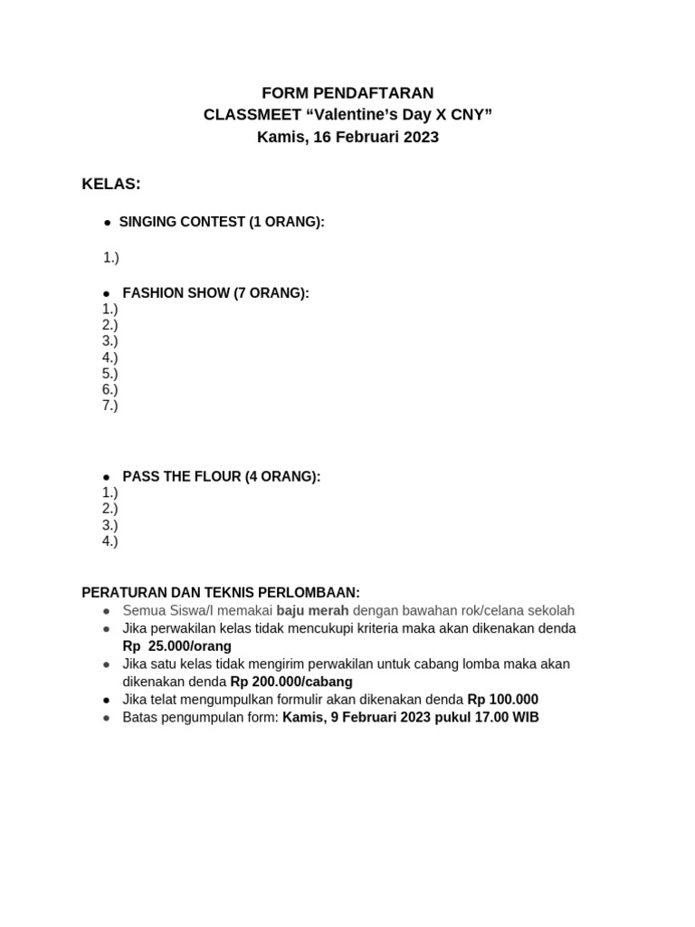 FORMULIR PENDAFTARAN CLASSMEET VALENTINE'S DAY X CNY | PDF