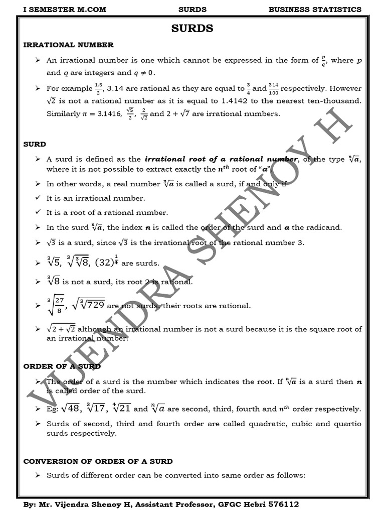 Understanding Surds in Business Statistics | PDF | Rational Number | Numbers