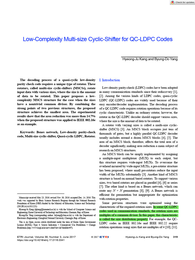 ETRI Journal - 2017 - Kang - Low Complexity Multi Size Cyclic Shifter For QC LDPC Codes | PDF ...