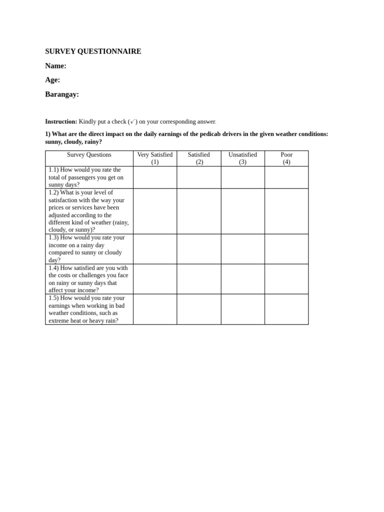 Questionnaire (Table) | PDF | Weather | Rain