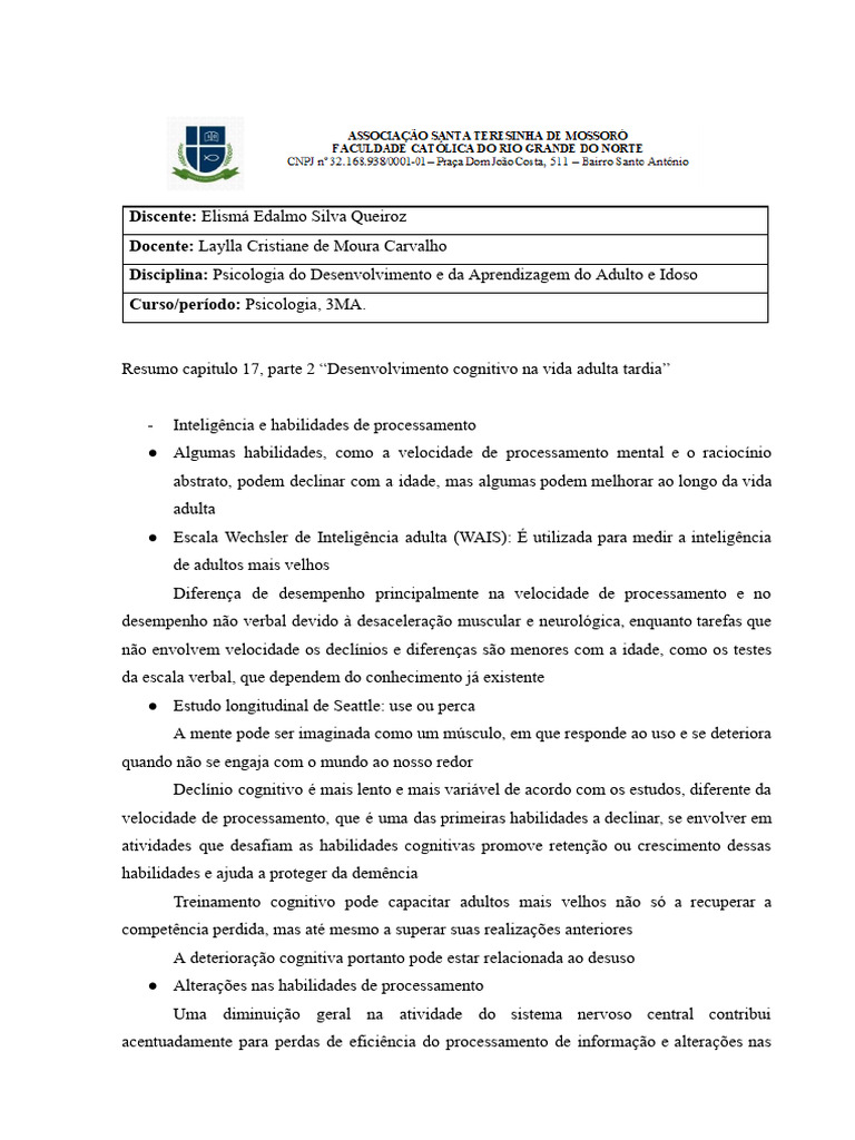 Cap 17 Papalia Psic. Desenv. | PDF | Memória | Cognição