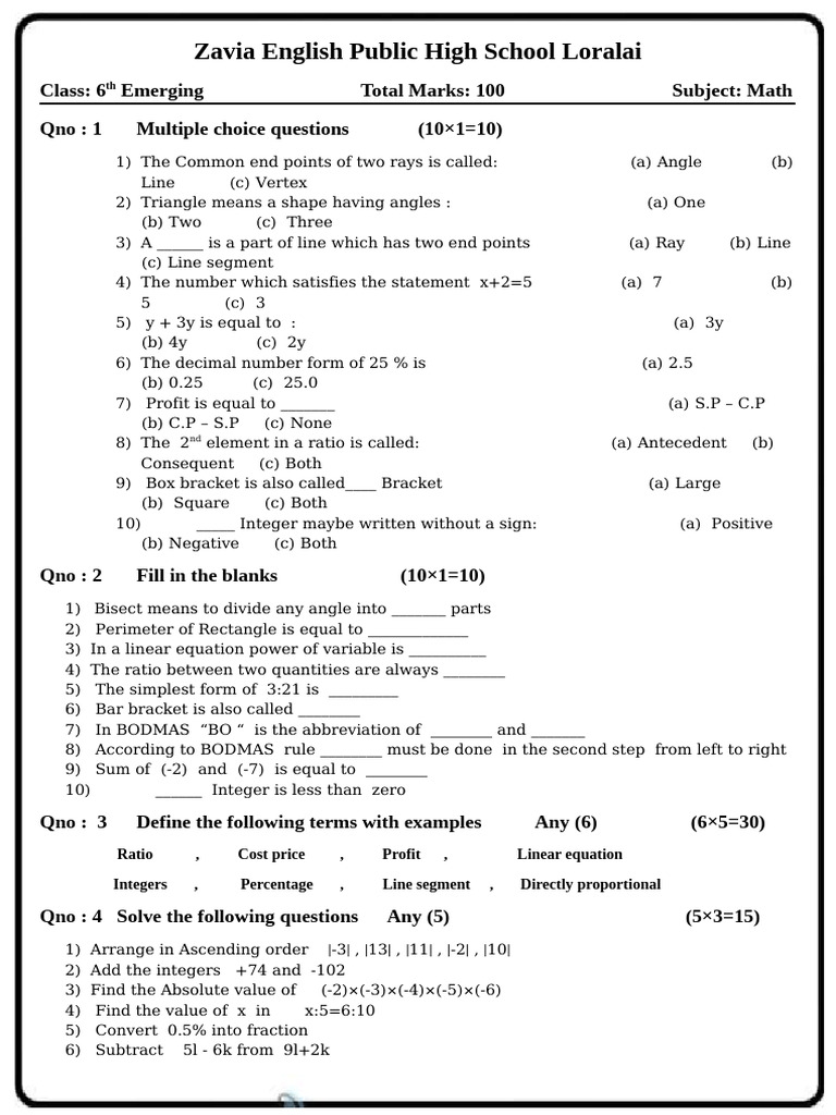 6th Grade Math Exam Questions | PDF | Ratio | Line (Geometry)