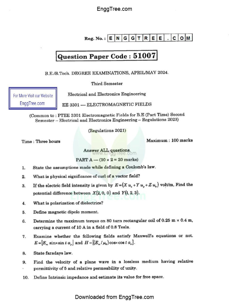 EE3301 Electromagnetic Fields Apr May 2024 Question Paper Download | PDF