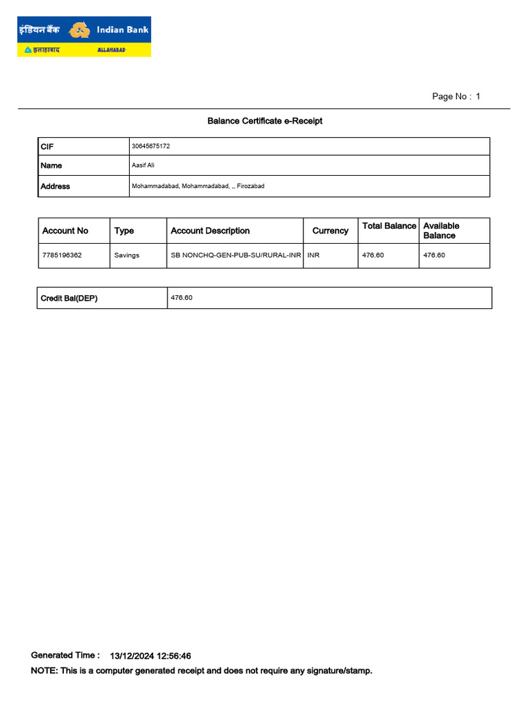 Balance Certificate_7785196362_13-12-2024 12_56_46 | PDF