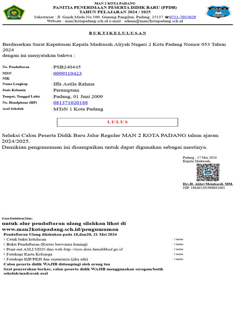 Bukti Kelulusan PPDB MAN 2 Kota Padang | PDF