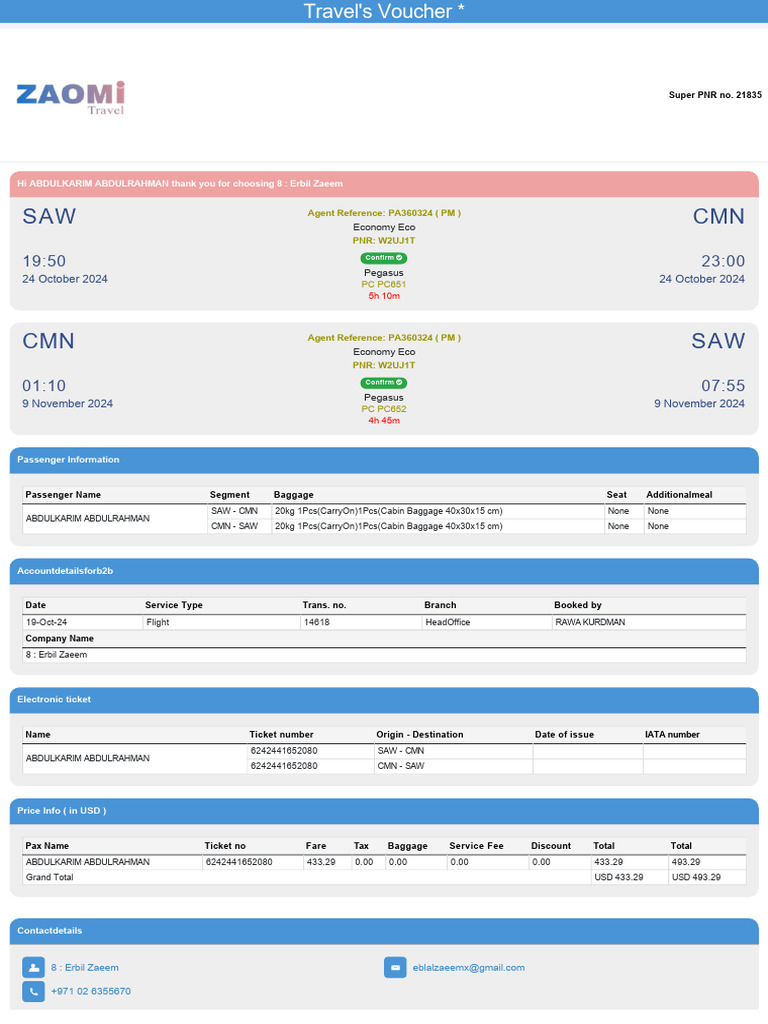 Erbil Zaeem Travel Voucher Details | PDF | Ephemera | Transport Companies