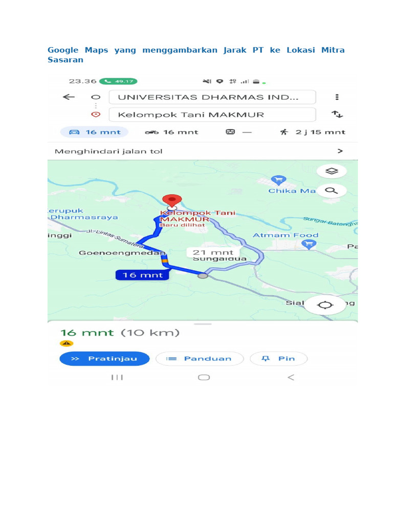 Format Contoh Tangkapan Layar Google Maps yang menggambarkan Jarak PT ...