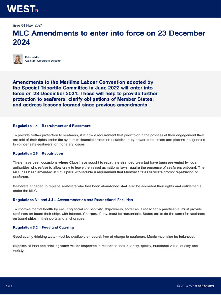 MLC AMENDMENTS TO ENTER INTO FORCE ON DEC | PDF