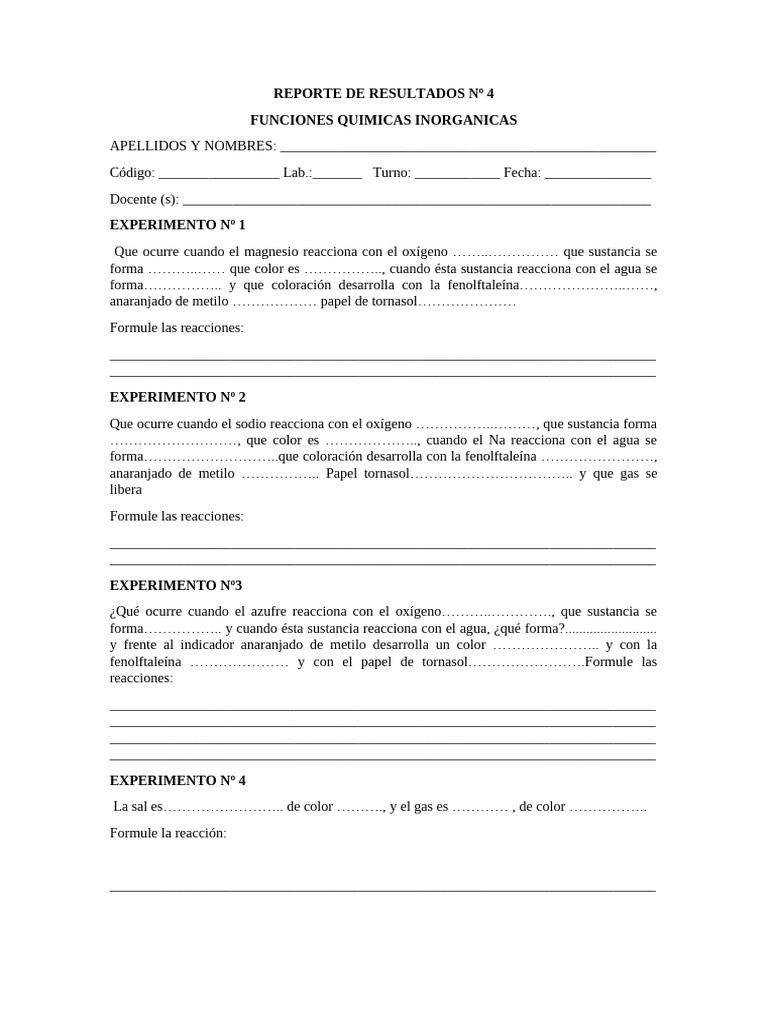 REPORTE DE RESULTADOS #4 Cuestionario | PDF | Óxido | Ácido