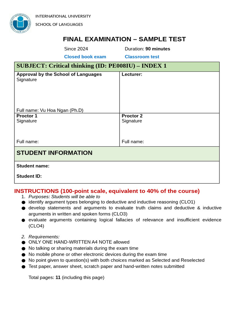 Critical Thinking Sample Test - Final Exam Since 2024 | PDF | Fallacy ...