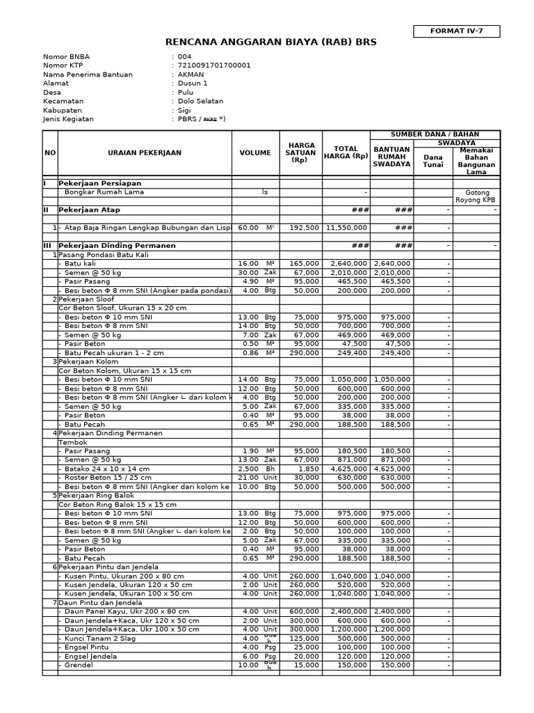 RAB Riko Beton Kayu Versi BRS Desa Sidera | PDF