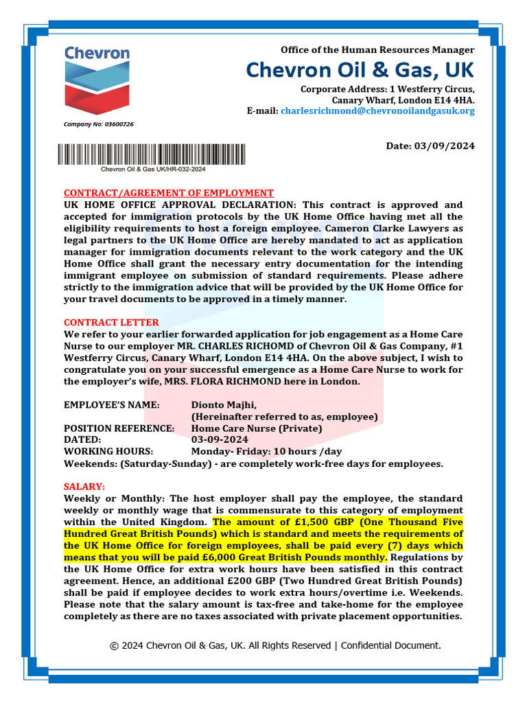 Chevron UK Employment Offer Letter | PDF | Employment | Salary