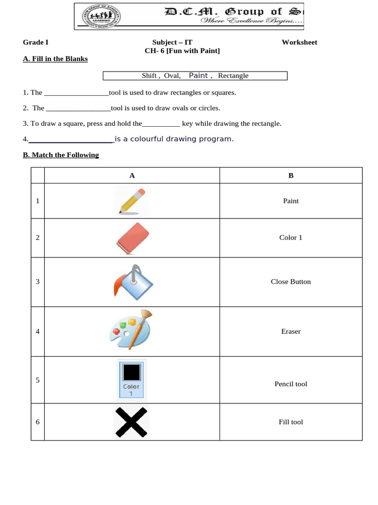 Grade 1 MS Paint Worksheet | PDF