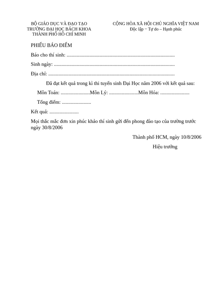 phieu bao diem | PDF