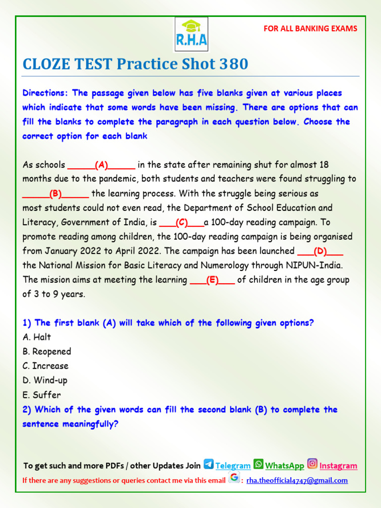 Cloze Test Practice for Grade 8 English | PDF | Linguistics | Human ...