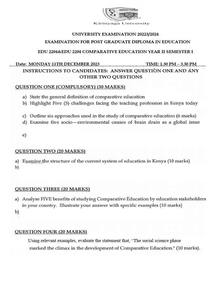 Edu 2204&edu 2204 Comparative Education Year II Semester I | PDF