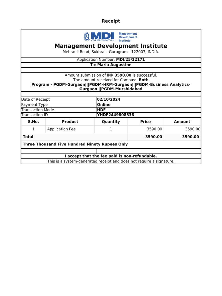 Acknowledgement Receipt MDI 25 12171 | PDF