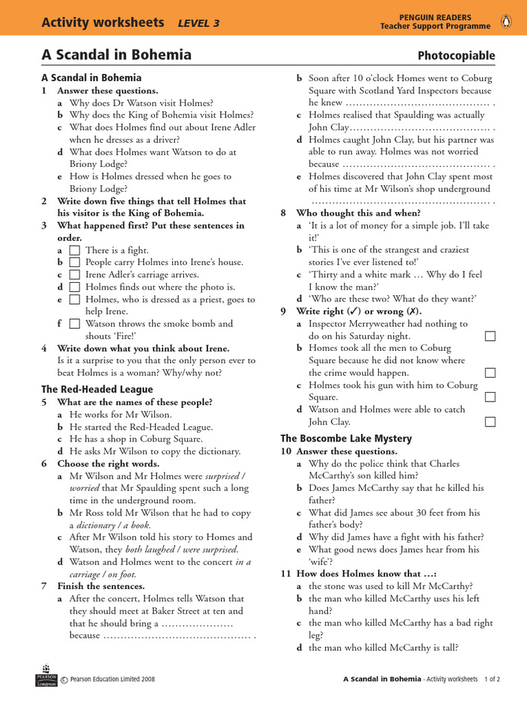 Sherlock Holmes Activity Worksheets | PDF | The Red Headed League ...