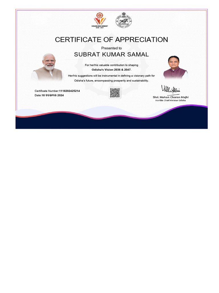 Certificate of Appreciation for Odisha Vision | PDF