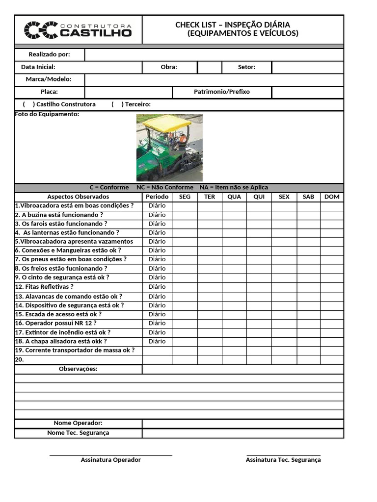 020 - Check List - Insp Diaria - Vibroacabadora | PDF