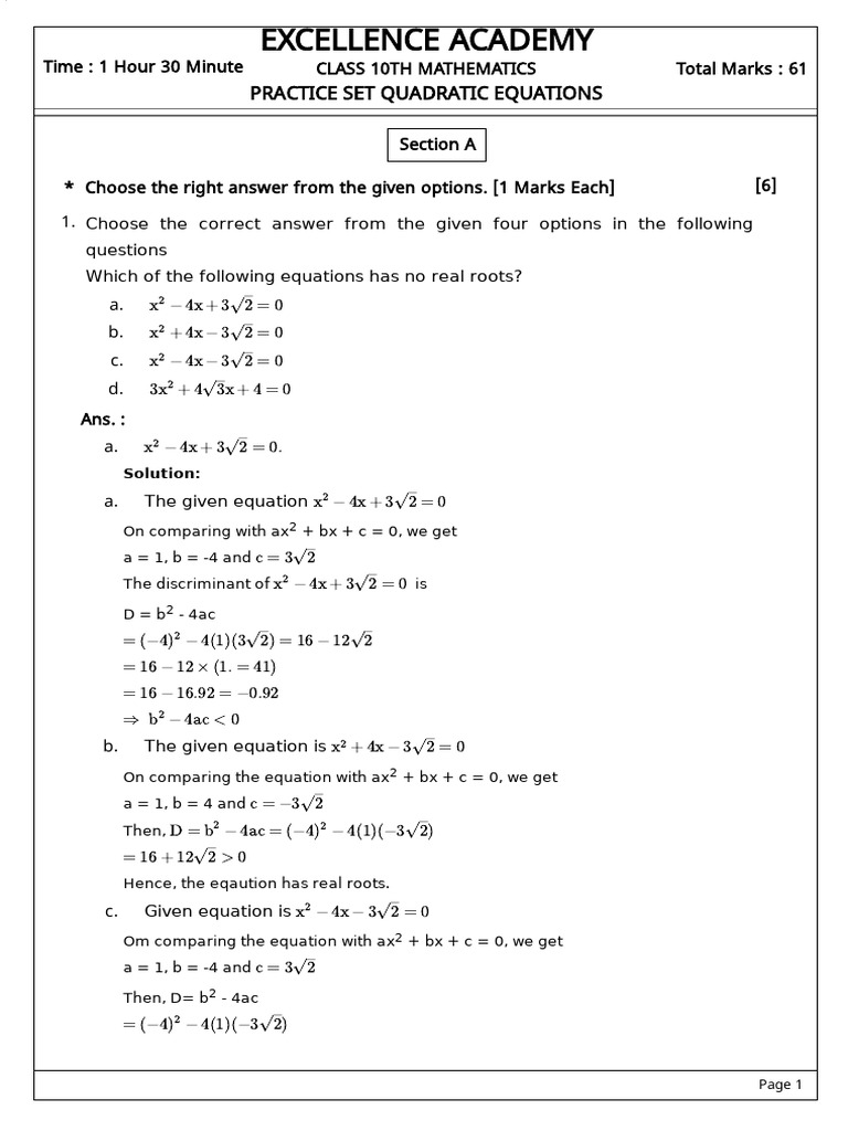 Practice Set Quadratic Equations - Solution | PDF | Quadratic Equation ...
