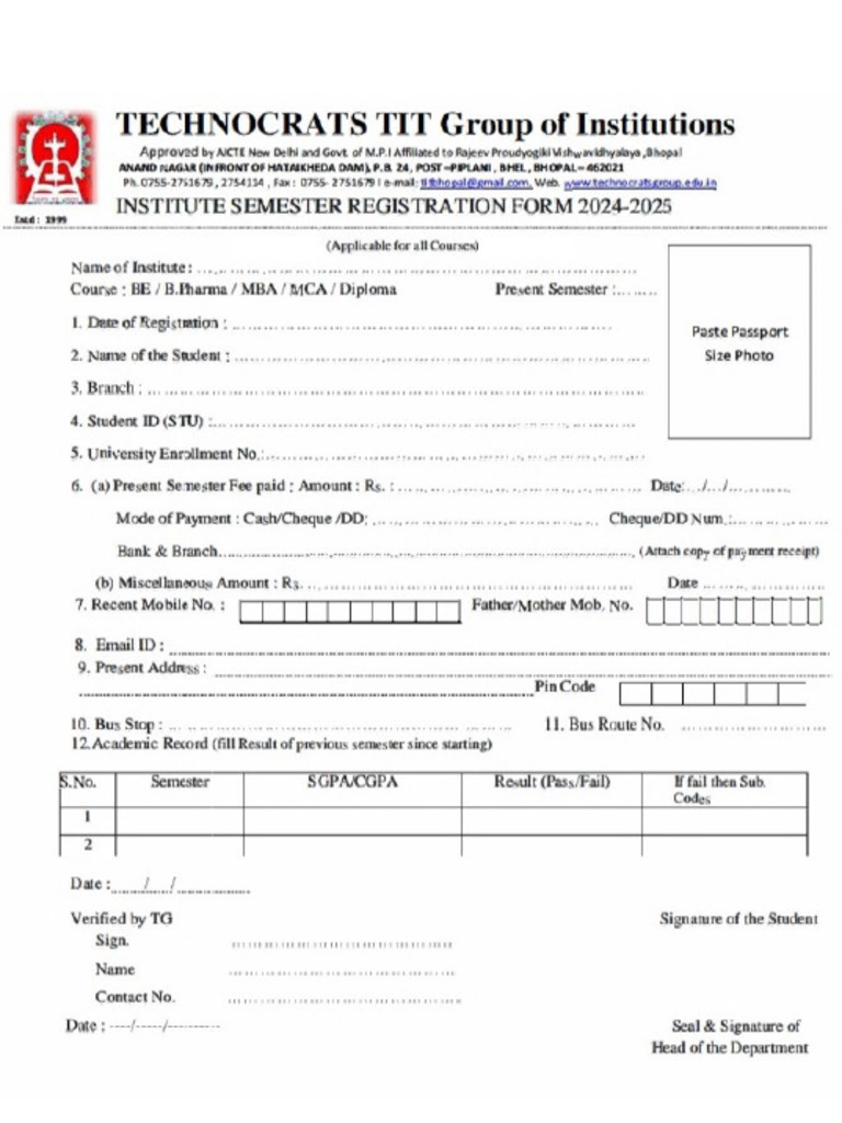 Institute Registration Form (TIT-E) 2024-25 | PDF