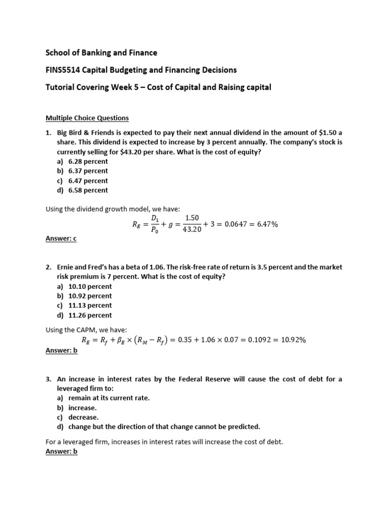 Finance Students' Tutorial Guide | PDF | Cost Of Capital | Internal ...