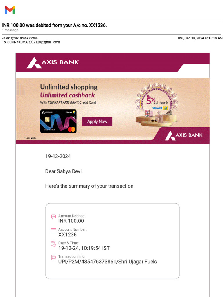Axis Bank Transaction Alert | PDF | Debit Card | Internet