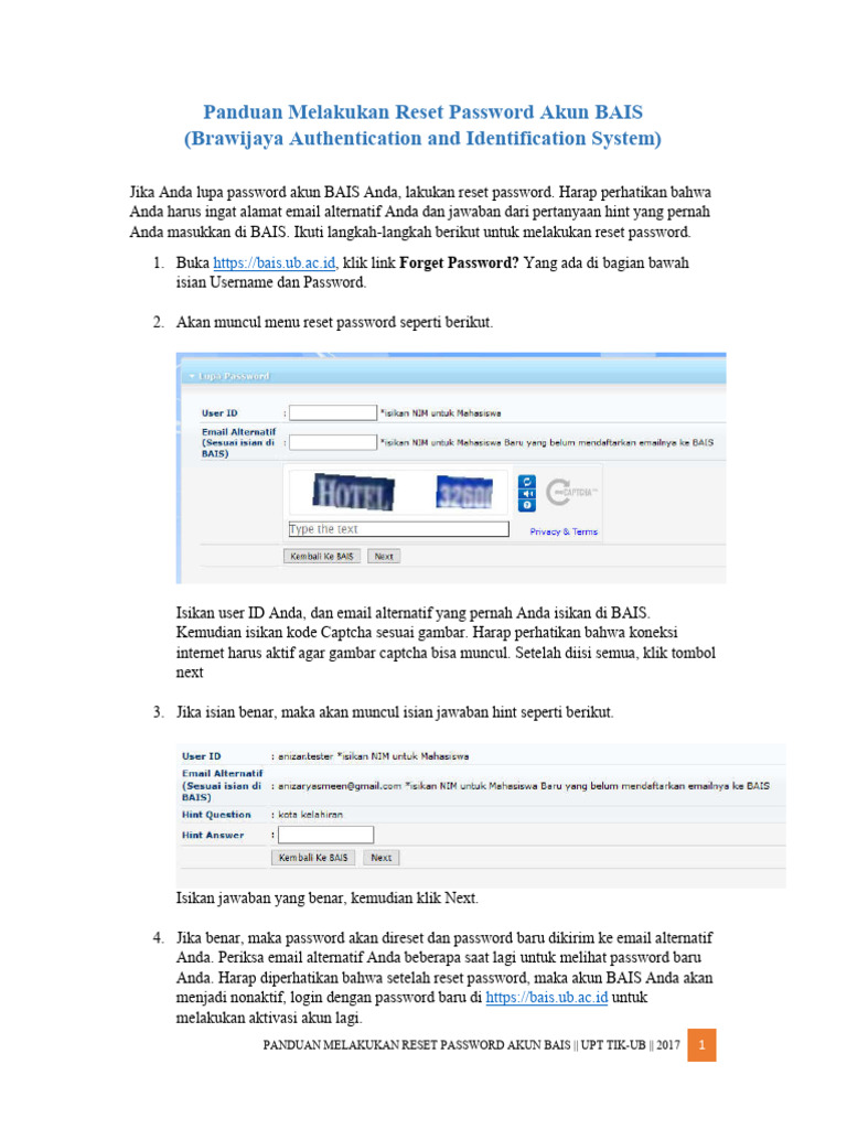 Panduan Melakukan Reset Password Akun BAIS | PDF