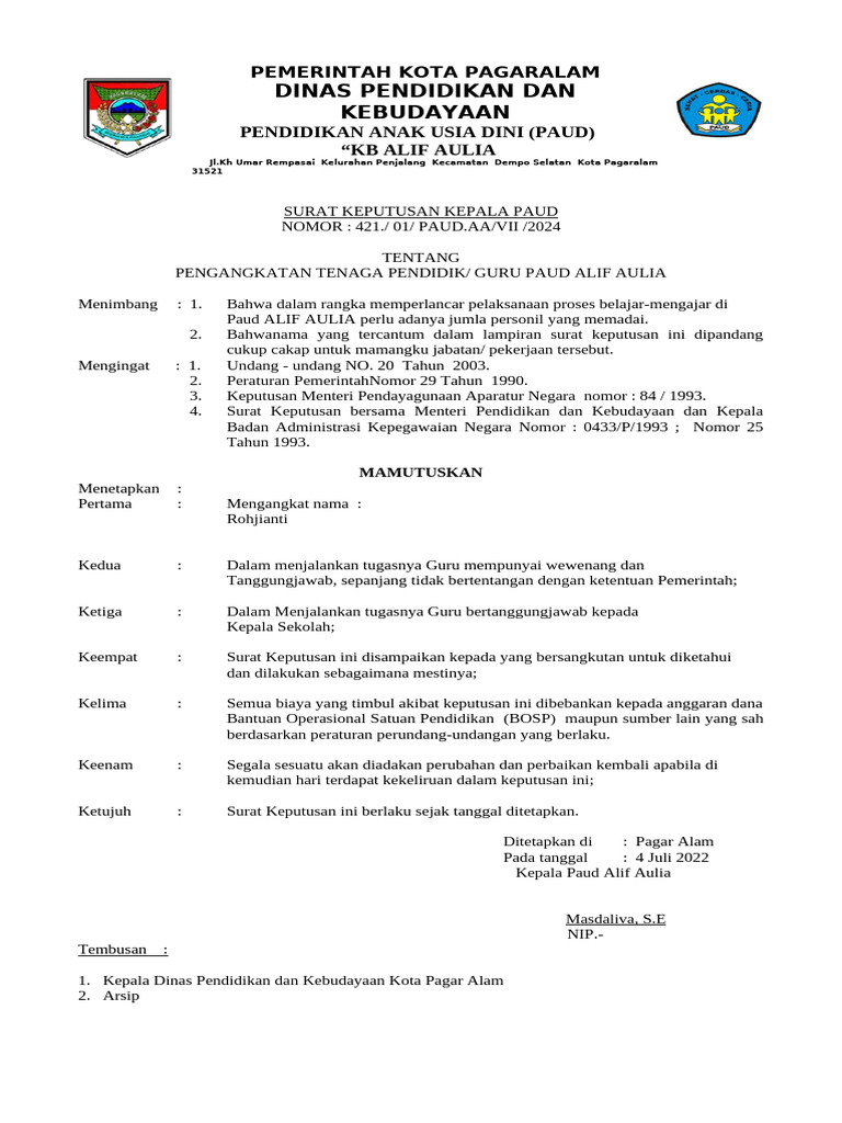 Contoh SK Pengangkatan Guru Honorer Pendidikan - Infoasn.id | PDF