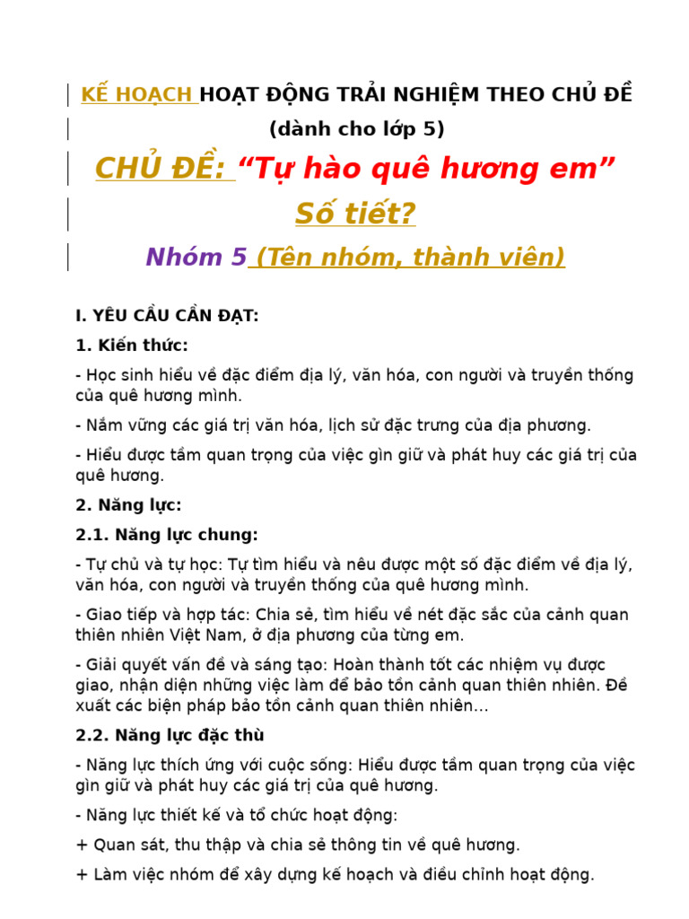 Giáo Án HDTN L P 5, Nhóm 5, Gtk47spa | PDF