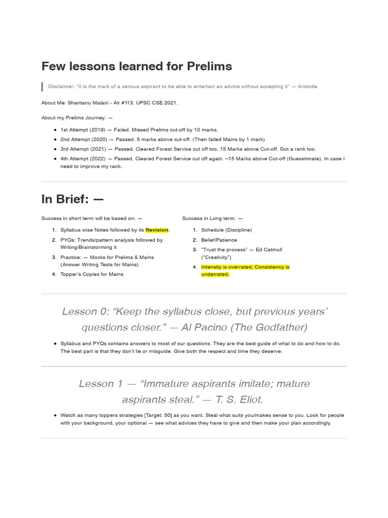 Few Lessons Learned For Prelims | PDF