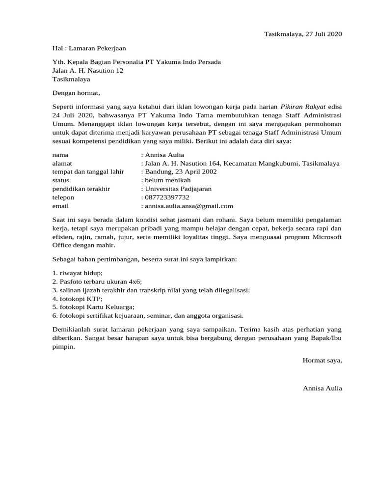 B.INDONESIA - Surat Lamaran Kerja - Annisa Aulia (XII MIPA 3) - 27 Juli 2020 | PDF