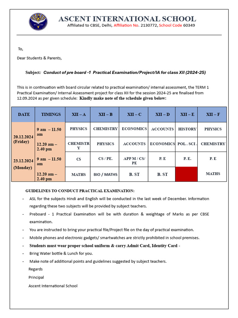 Practical Date Sheet XII | PDF