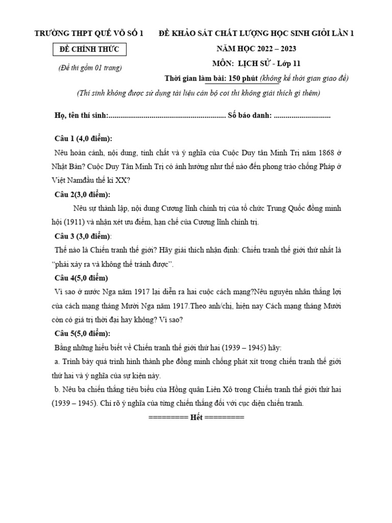 De Thi HSG Lich Su 11 Lan 1 Nam 2022 2023 Truong THPT Que Vo 1 Bac Ninh | PDF