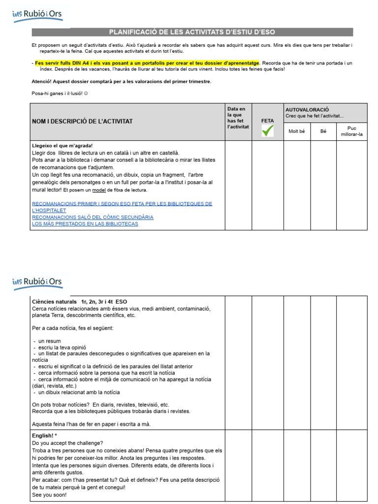 Deures Estiu - Eso | PDF