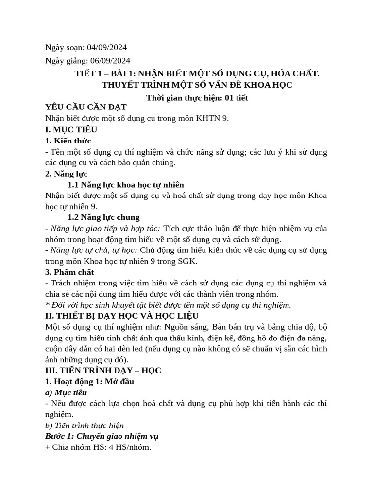 tiết 1 -bài 1 NHẬN BIẾT MỘT SỐ DỤNG CỤ HÓA CHẤT KHTN9 | PDF