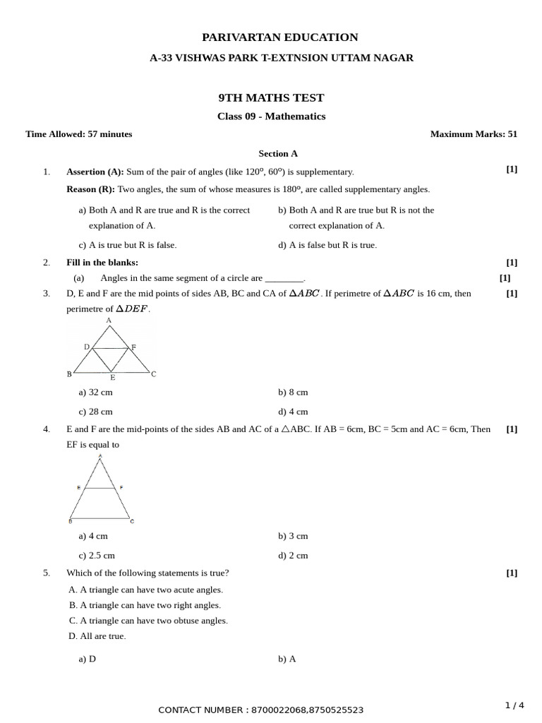 9th maths geo test | PDF | Euclidean Plane Geometry | Euclidean Geometry