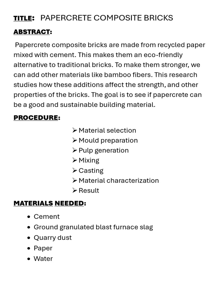 Eco-Friendly Papercrete Brick Research | PDF