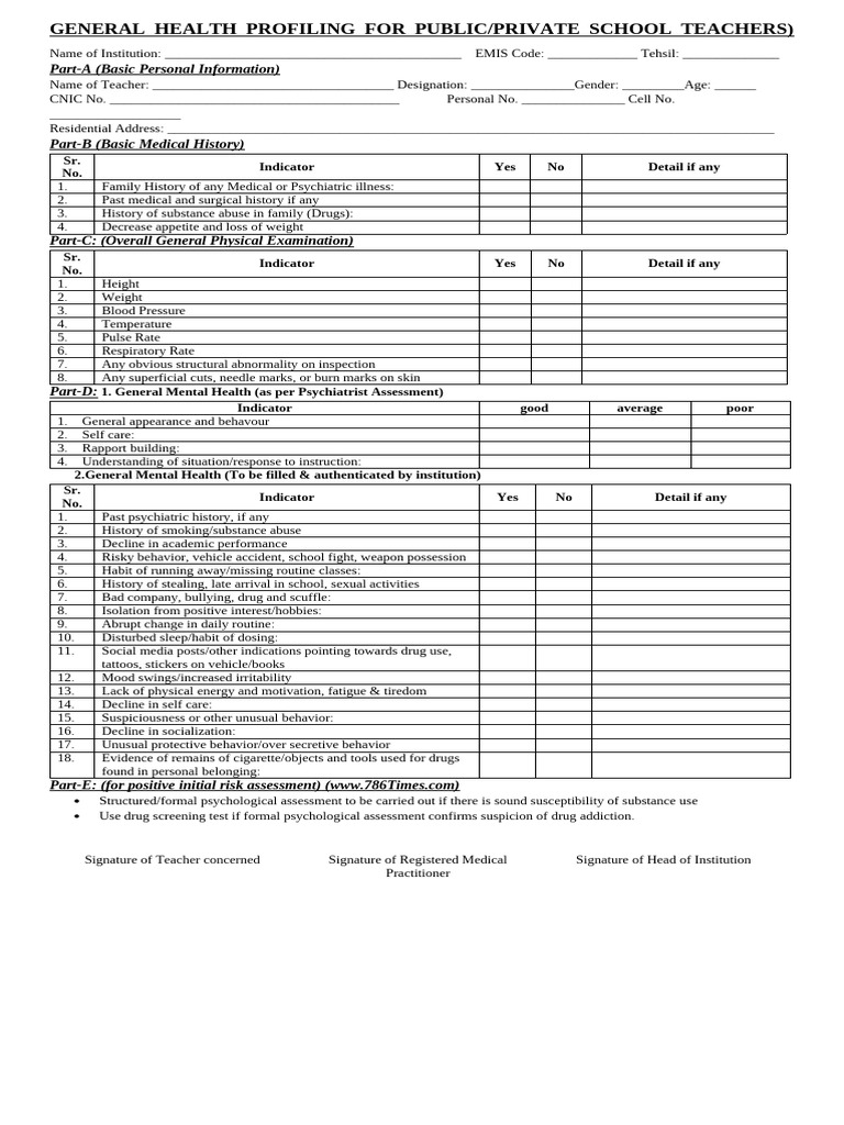 Health Profiling for School Teachers & Students | PDF | Substance Abuse ...